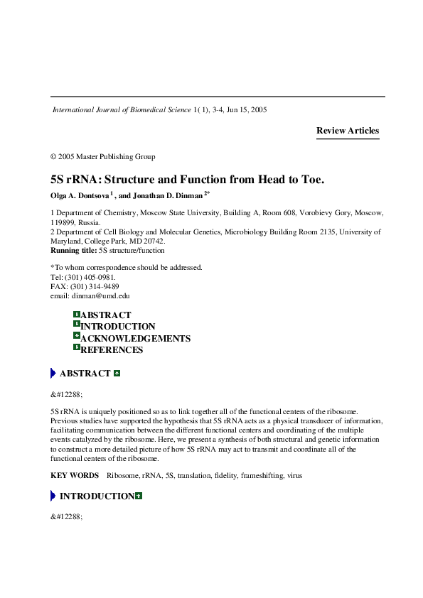(PDF) 5S rRNA: Structure and Function from Head to Toe