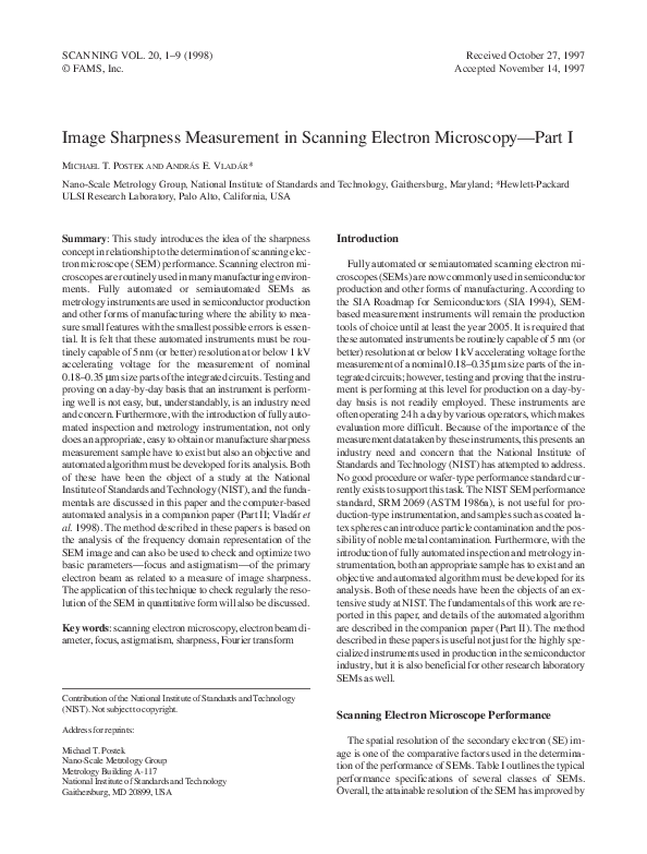 (PDF) Image sharpness measurement in scanning electron microscopy-part I