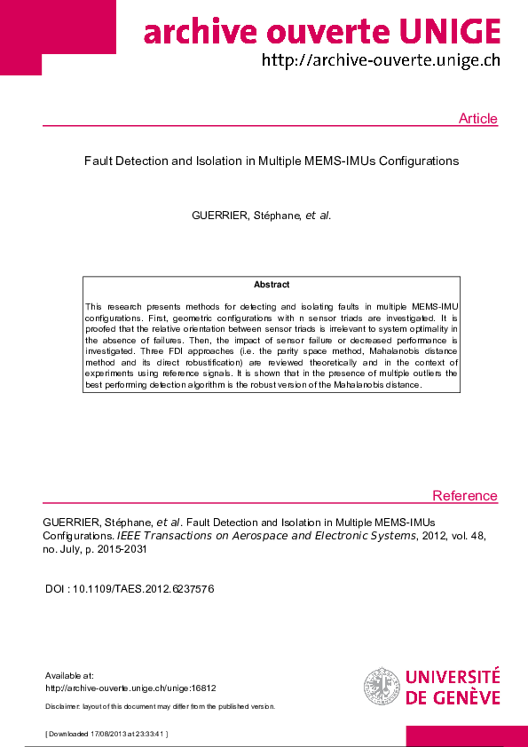 Pdf Fault Detection And Isolation In Multiple Mems Imus Configurations