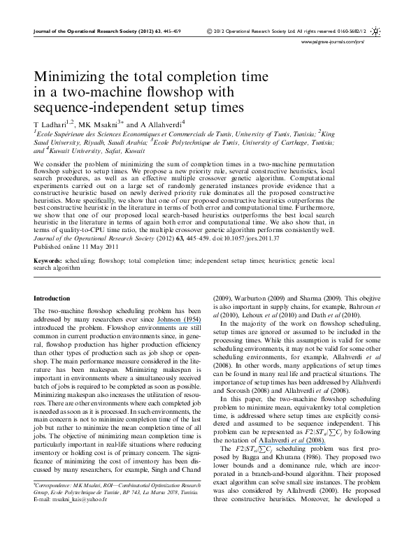 (PDF) Minimizing total completion time in two-machine flow shops with exact delays