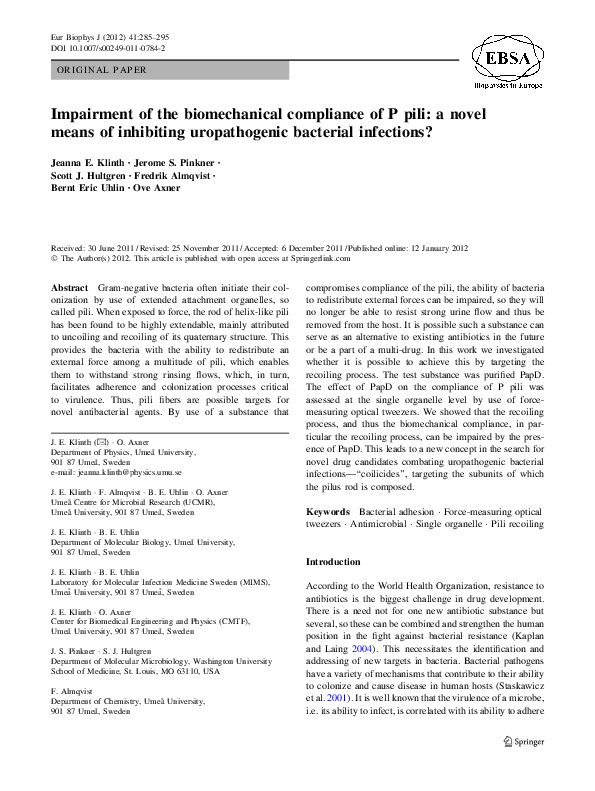 (PDF) Impairment of the biomechanical compliance of P pili: a novel ...