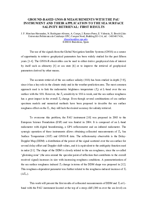 (PDF) Ground-Based GNSS-R Measurements with the PAU Instrument and ...