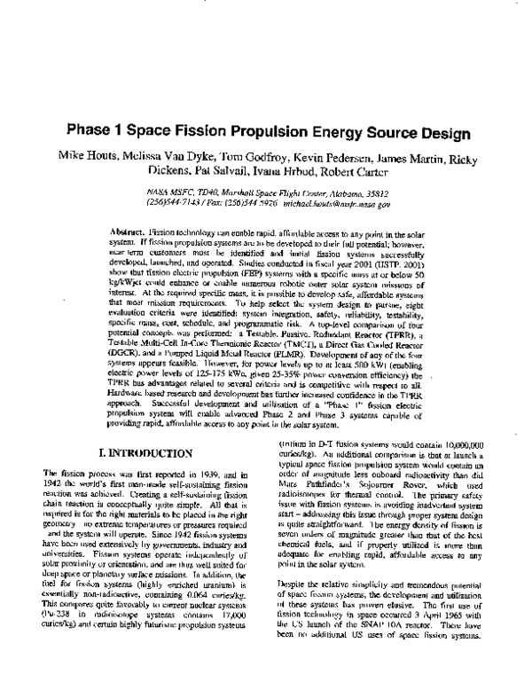 (PDF) Phase 1 Space Fission Propulsion Energy Source Design