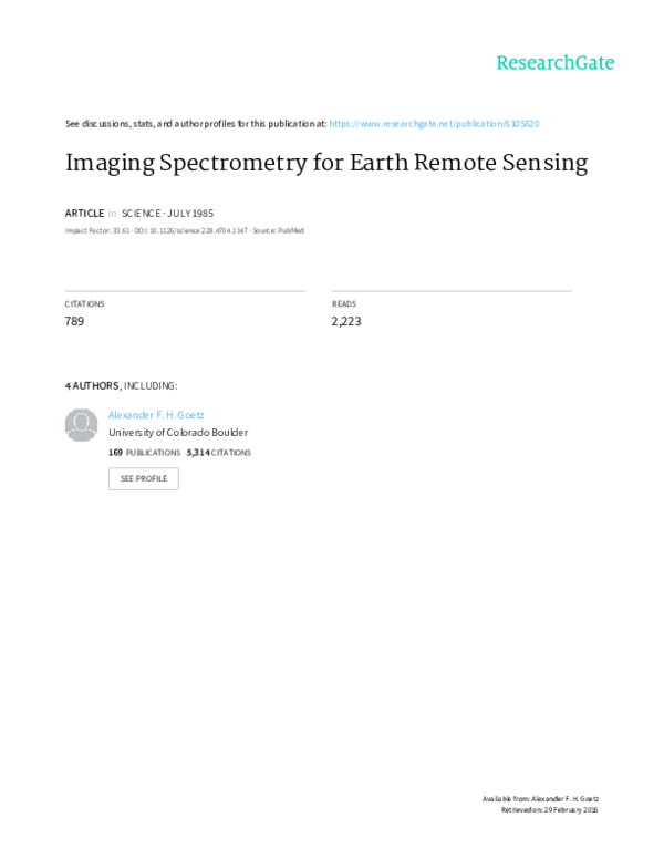(PDF) Imaging Spectrometry for Earth Remote Sensing