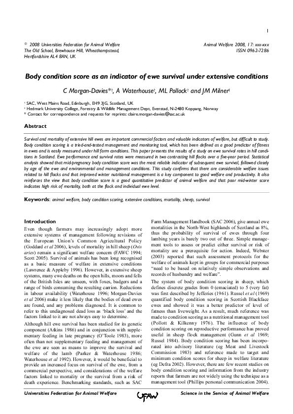 (PDF) Body condition score as an indicator of ewe survival under ...