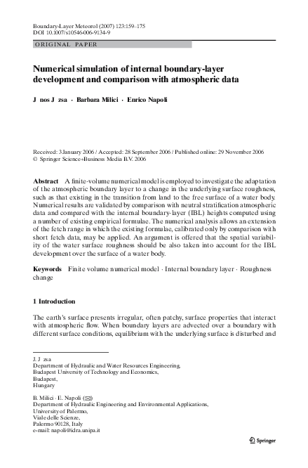 Pdf Numerical Simulation Of Internal Boundary Layer Development And