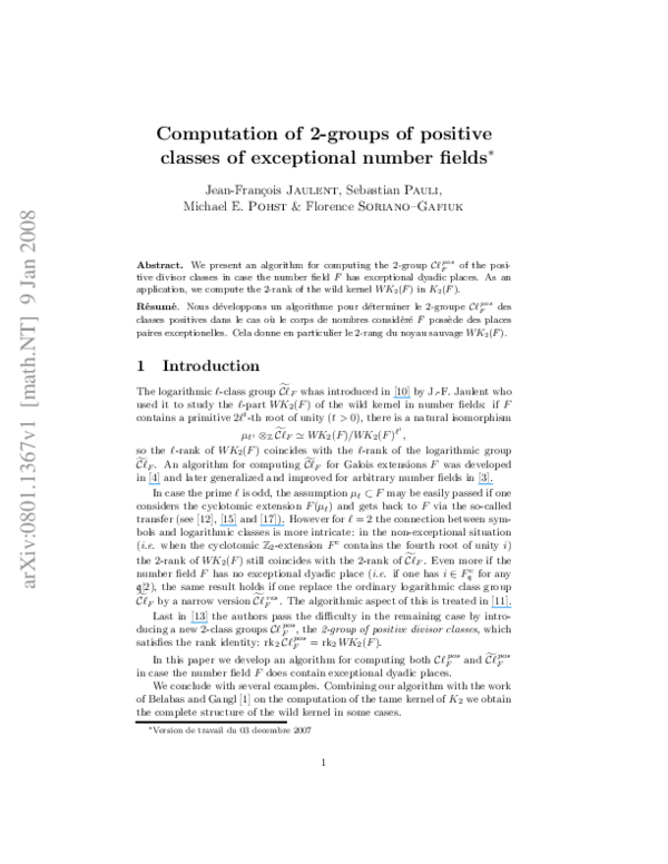 (PDF) Computation of 2-groups of positive classes of exceptional number fields