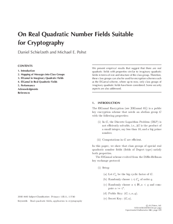 (PDF) On Real Quadratic Number Fields Suitable for Cryptography