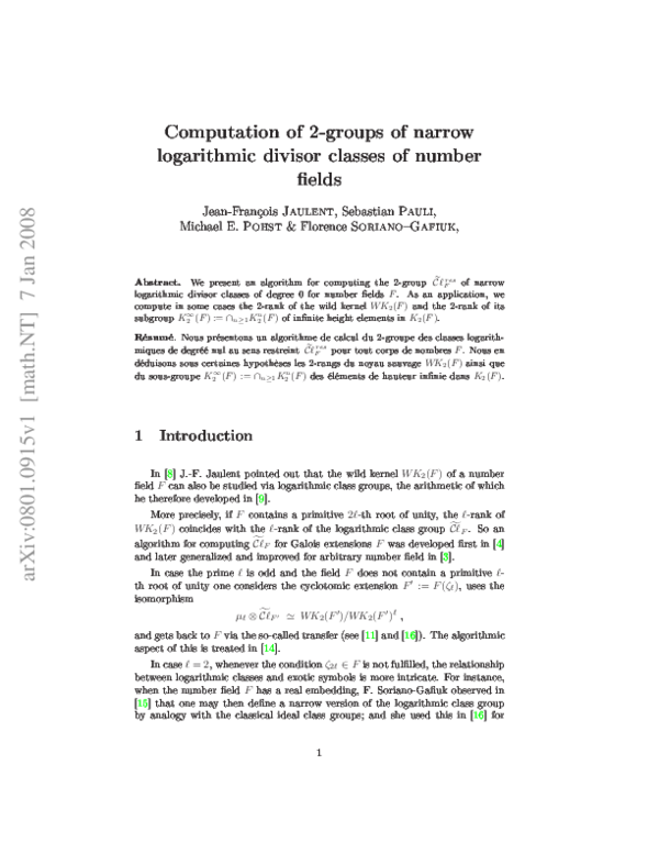 (PDF) Computation of 2-groups of narrow logarithmic divisor classes of number fields