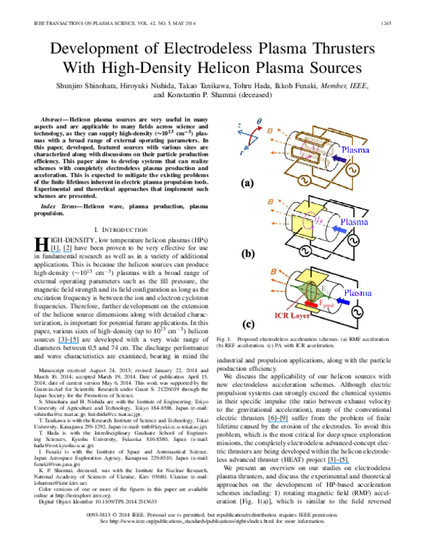 (PDF) Development of Electrodeless Plasma Thrusters With High-Density Helicon Plasma Sources
