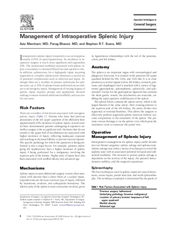 (PDF) Management of Intraoperative Splenic Injury