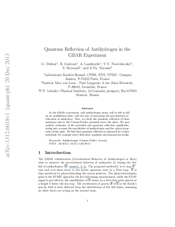 (PDF) Quantum reflection of antihydrogen in the GBAR experiment