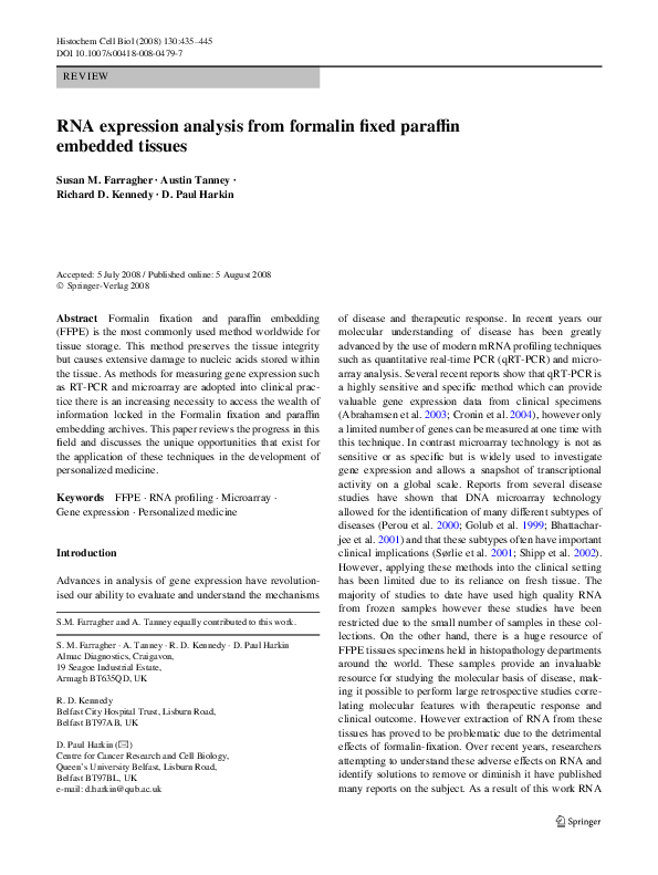 Pdf Rna Expression Analysis From Formalin Fixed Paraffin Embedded Tissues