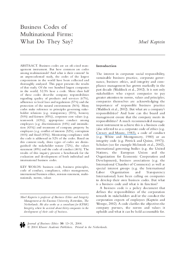 (PDF) Business Codes of Multinational Firms: What Do They Say?