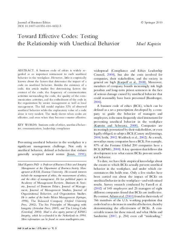 (PDF) Toward Effective Codes: Testing the Relationship with Unethical ...