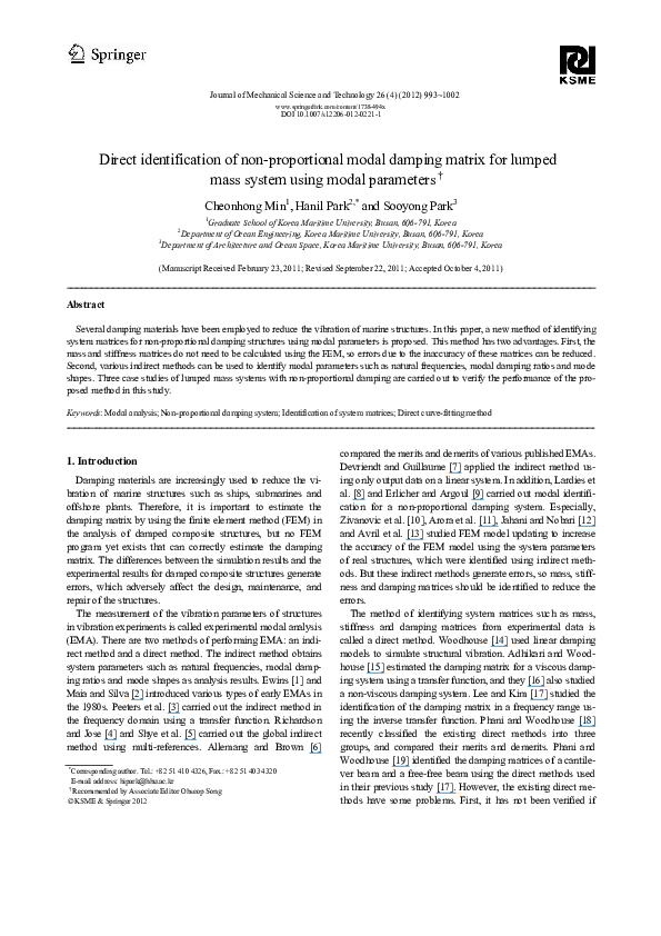 Pdf Direct Identification Of Non Proportional Modal Damping Matrix For Lumped Mass System