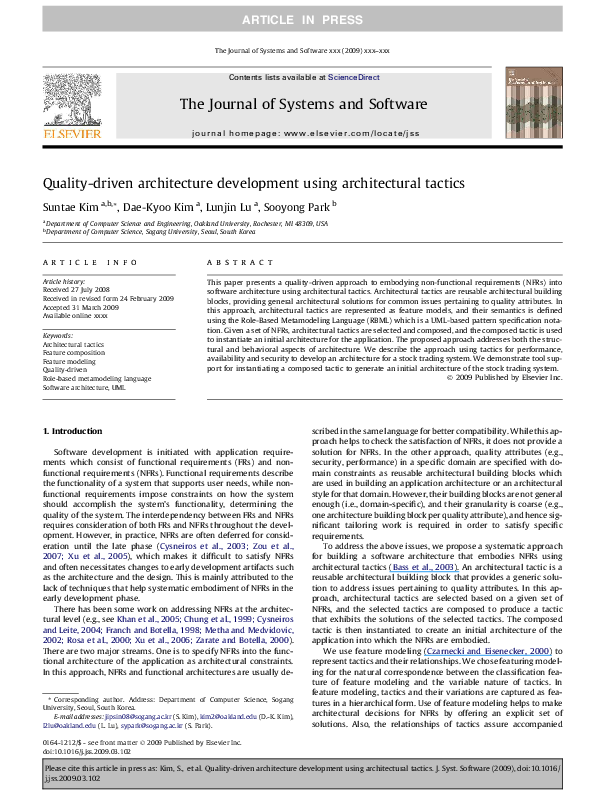 (PDF) Quality-driven architecture development using architectural tactics