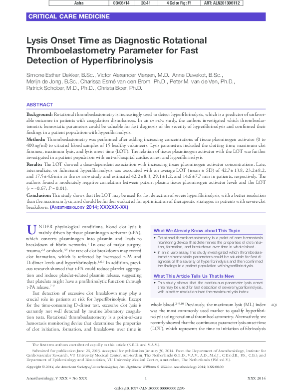 (PDF) Lysis Onset Time as Diagnostic Rotational Thromboelastometry Parameter for Fast Detection ...