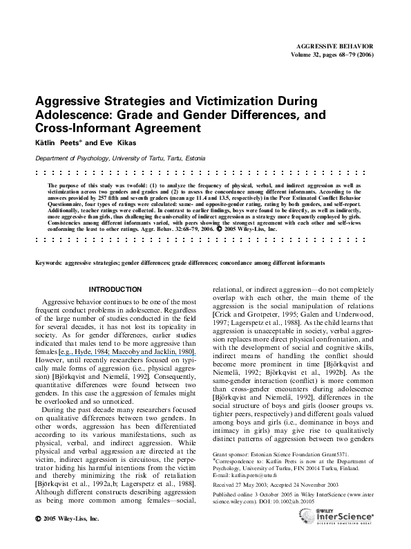 (PDF) Aggressive strategies and victimization during adolescence: grade ...