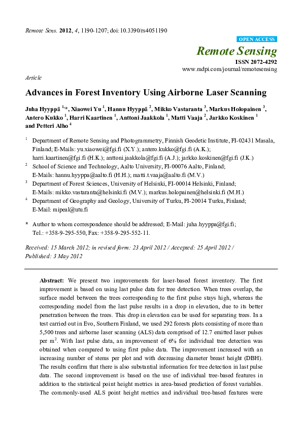 (PDF) Advances in Forest Inventory Using Airborne Laser Scanning