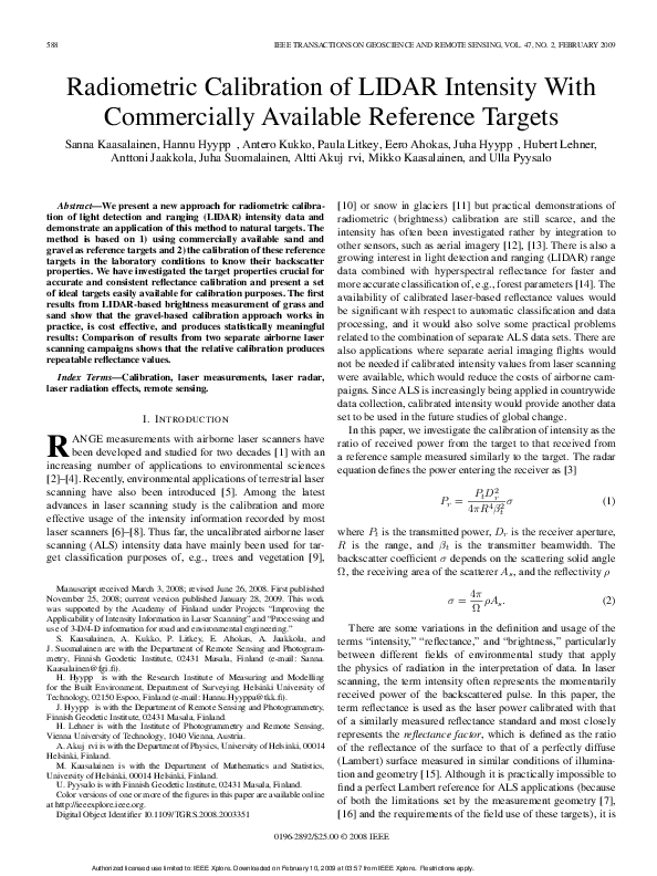 Pdf Radiometric Calibration Of Lidar Intensity With Commercially Available Reference Targets