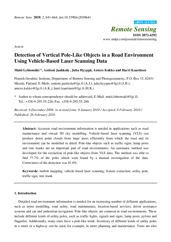 (PDF) Detection of Vertical Pole-Like Objects in a Road Environment Using Vehicle-Based Laser ...