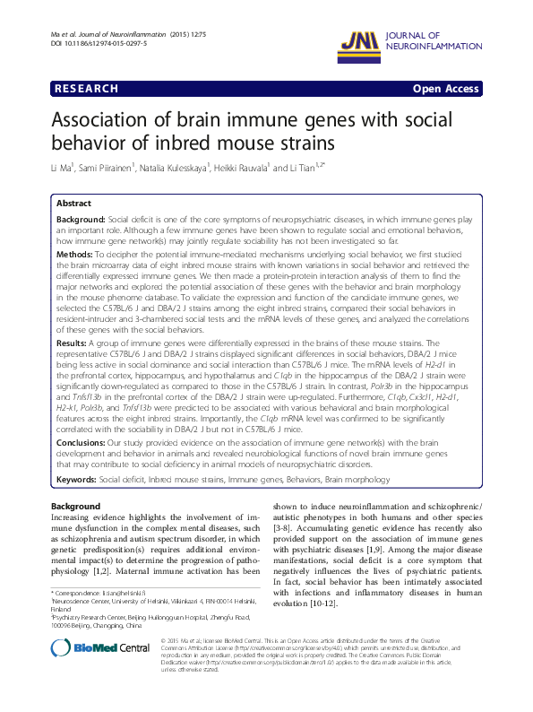 (PDF) Association of brain immune genes with social behavior of inbred ...
