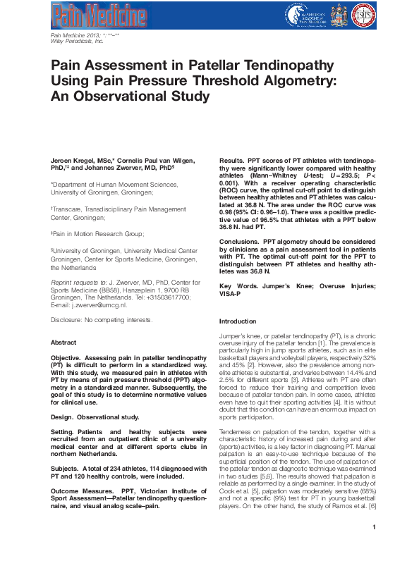(PDF) Pain Assessment in Patellar Tendinopathy Using Pain Pressure ...