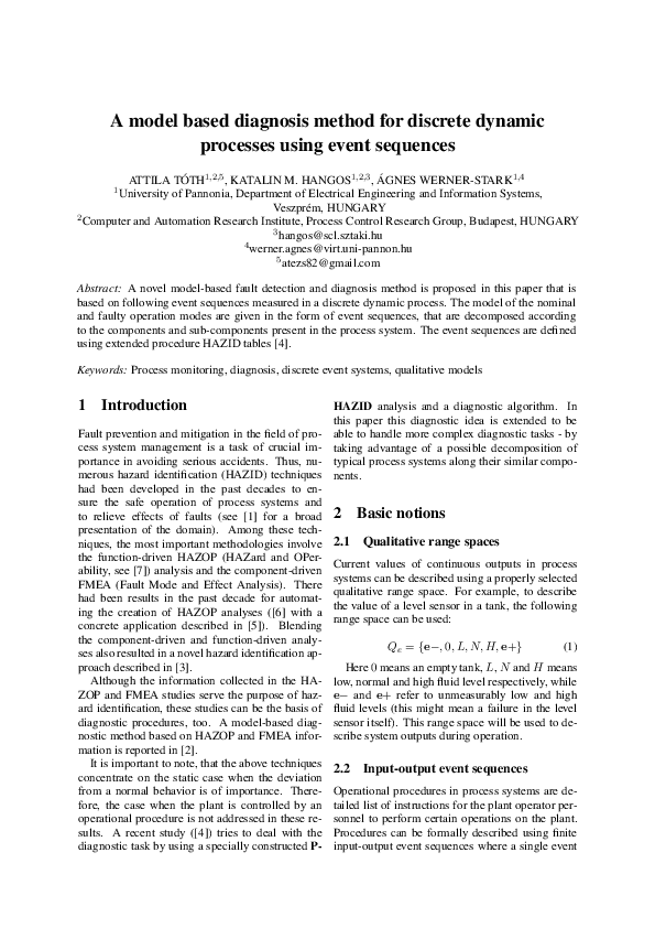 (PDF) A model based diagnosis method for discrete dynamic processes using event sequences