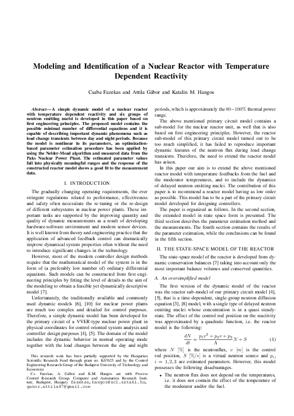 (PDF) Modeling and Identification of a Nuclear Reactor with Temperature ...