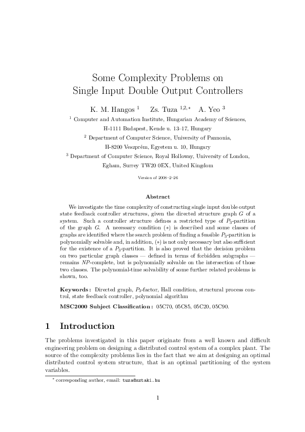 Pdf Some Complexity Problems On Single Input Double Output Controllers