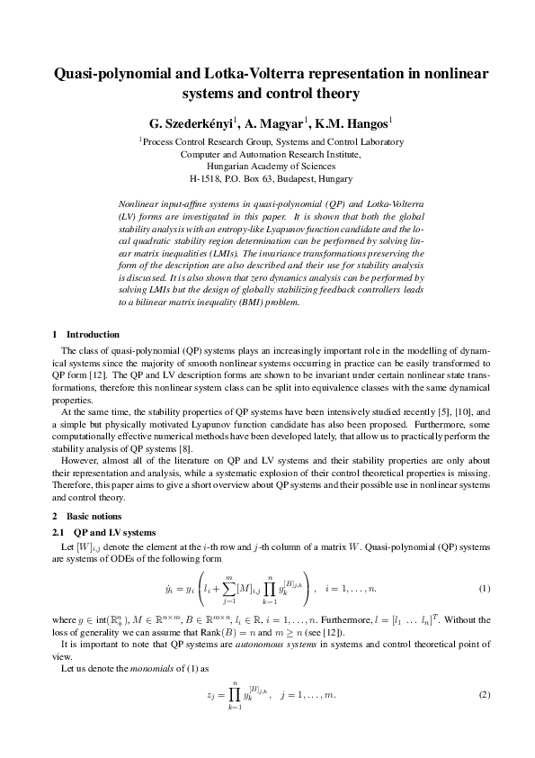 (PDF) Quasi-polynomial and Lotka-Volterra representation in nonlinear ...