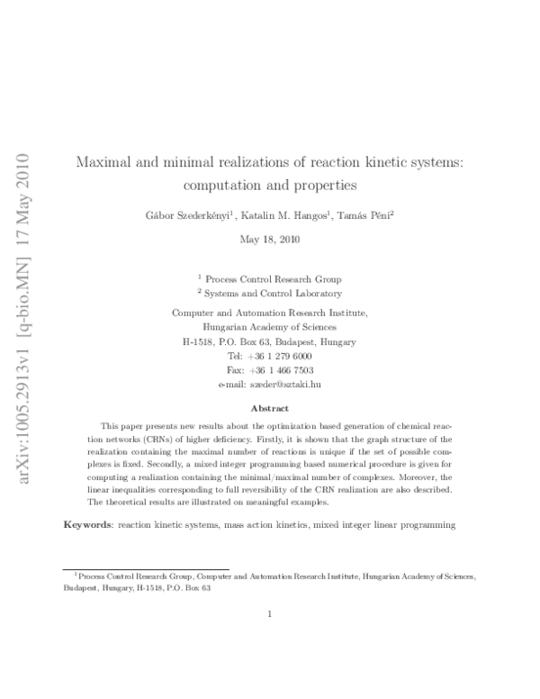 (PDF) Maximal and minimal realizations of reaction kinetic systems: computation and properties