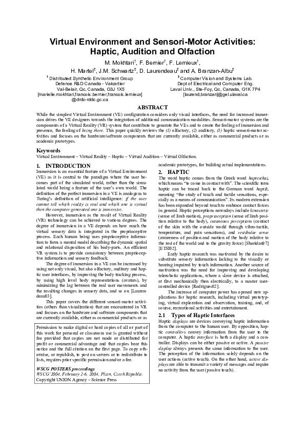 (PDF) Virtual Environment and SensoriMotor Activities: Haptic, Audition and Olfaction