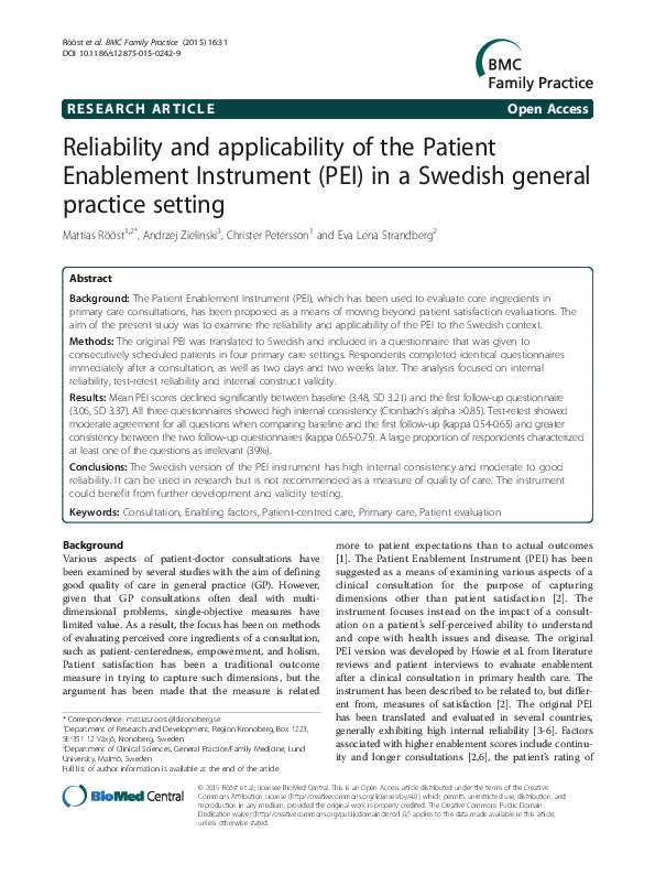 (PDF) Reliability and applicability of the Patient Enablement ...