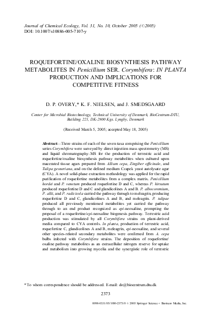 (PDF) Roquefortine/Oxaline Biosynthesis Pathway Metabolites in ...