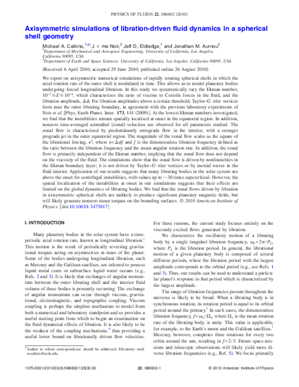 Pdf Axisymmetric Simulations Of Libration Driven Fluid Dynamics In A Spherical Shell Geometry