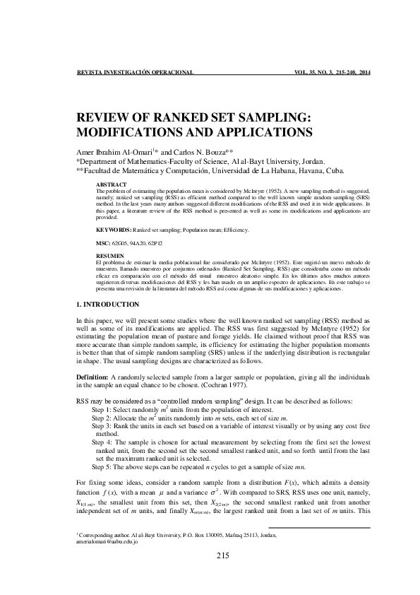 (PDF) REVIEW OF RANKED SET SAMPLING: MODIFICATIONS AND APPLICATIONS