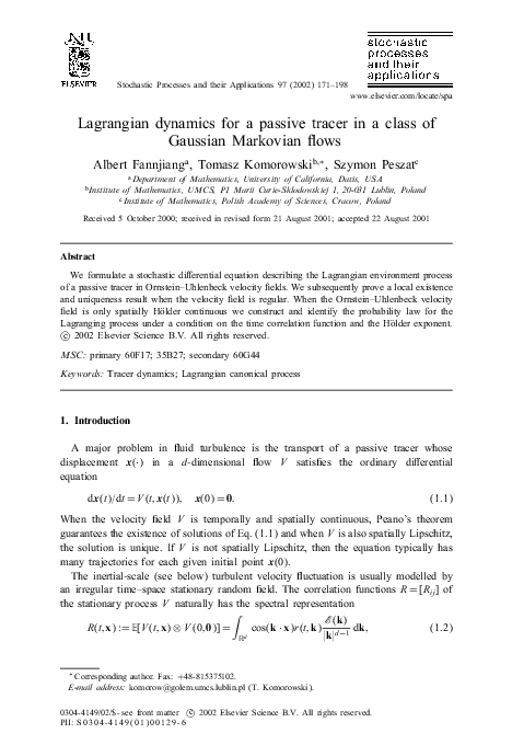 Pdf Lagrangian Dynamics For A Passive Tracer In A Class Of Gaussian Markovian Flows