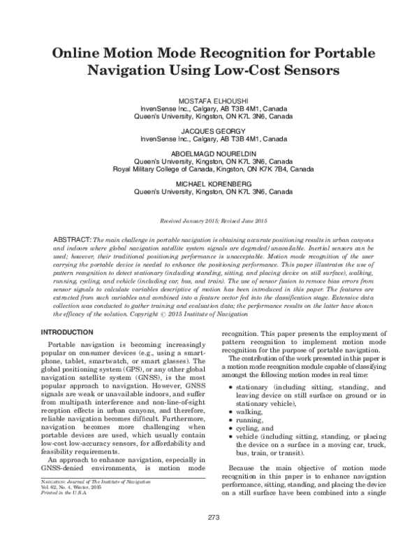 (PDF) Online Motion Mode Recognition for Portable Navigation Using Low ...