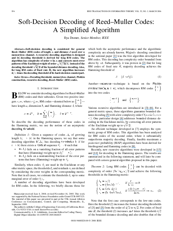 (PDF) Soft-decision decoding of Reed-Muller codes: a simplified algorithm