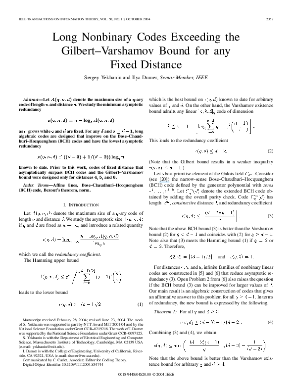 (PDF) Long Nonbinary Codes Exceeding the Gilbert–Varshamov Bound for any FixedDistance