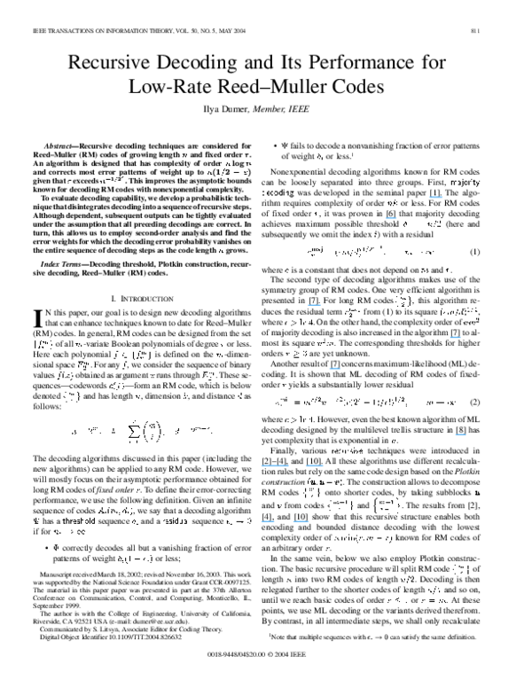 (PDF) Recursive Decoding and Its Performance for Low-Rate Reed–Muller Codes