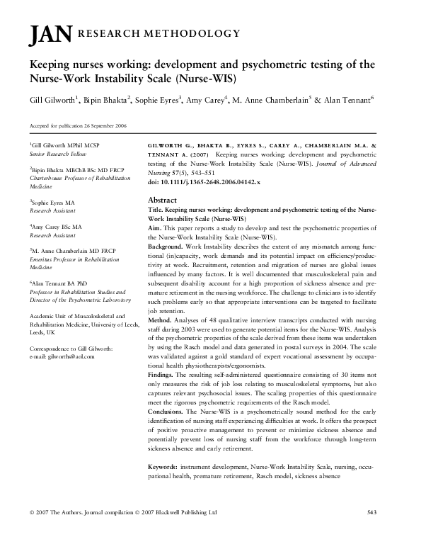 (PDF) Keeping nurses working: development and psychometric testing of ...