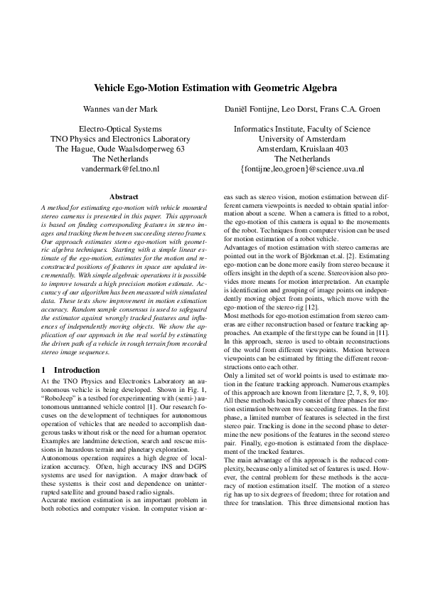 Pdf Vehicle Ego Motion Estimation With Geometric Algebra