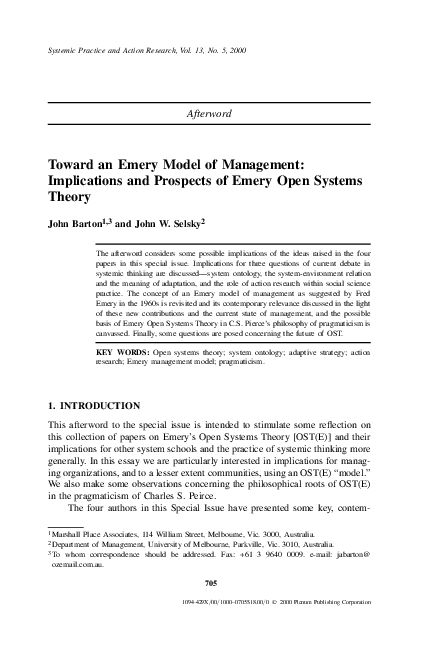 (PDF) Afterword: Toward an Emery model of management: Implications and ...