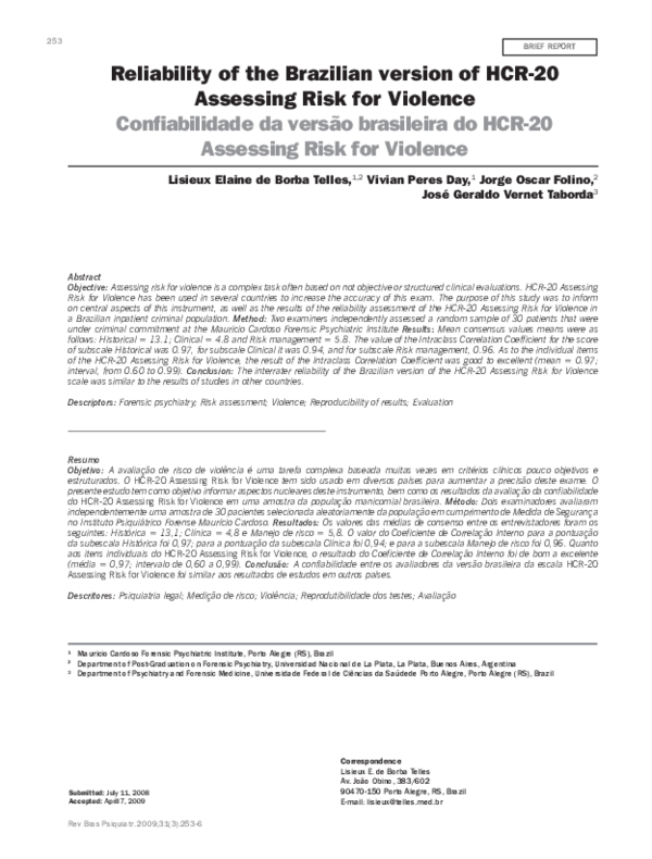 (PDF) Reliability of the Brazilian version of HCR-20 Assessing Risk for ...