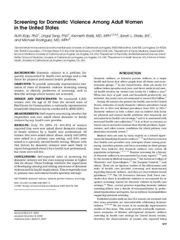 (PDF) Screening for Domestic Violence Among Adult Women in the United ...