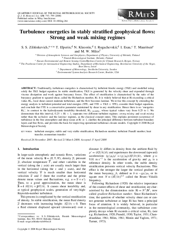 (PDF) Turbulence energetics in stably stratified geophysical flows: Strong and weak mixing regimes