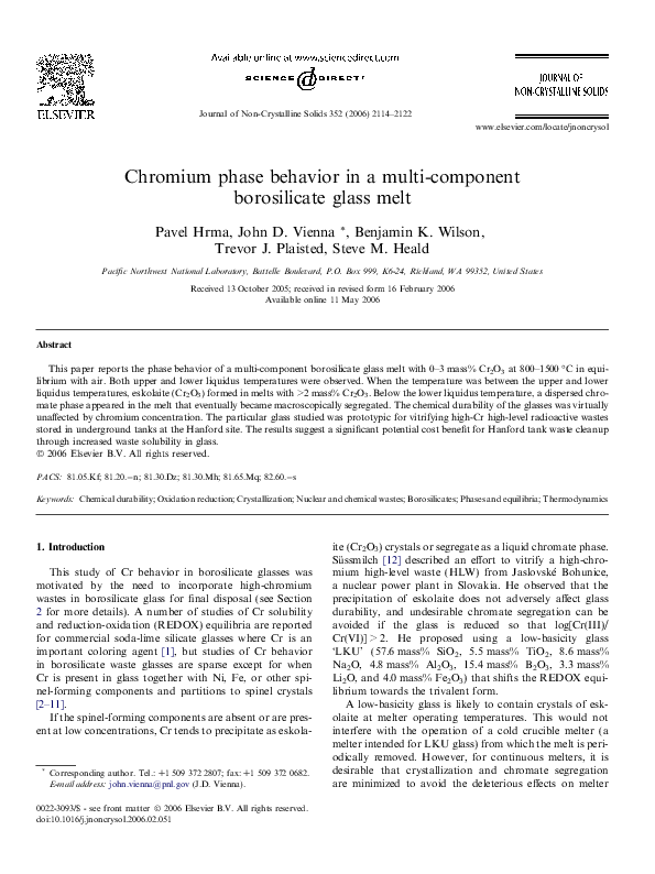 Pdf Chromium Phase Behavior In A Multi Component Borosilicate Glass Melt